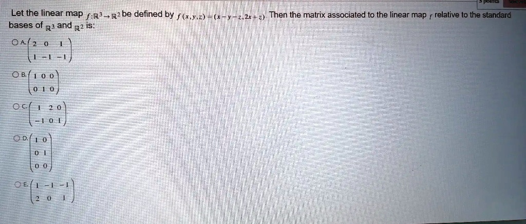 SOLVED: Let the linear map f: R^3 -> R^2 be defined by f(x, y, z) = (x - y - 2, 2z + 2). Then ...