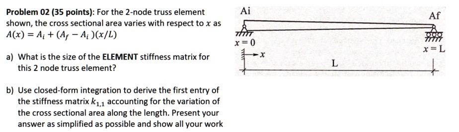 SOLVED: Problem 02 (35 points): For the 2-node truss element shown, the cross-sectional area ...
