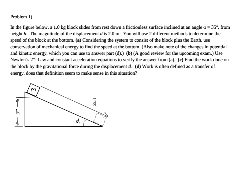 In the figure below, a 1.0 kg block slides from rest down a frictionless surface inclined at an ...