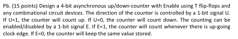 SOLVED: Design a 4-bit asynchronous up/down counter with Enable using T flip flops and any ...