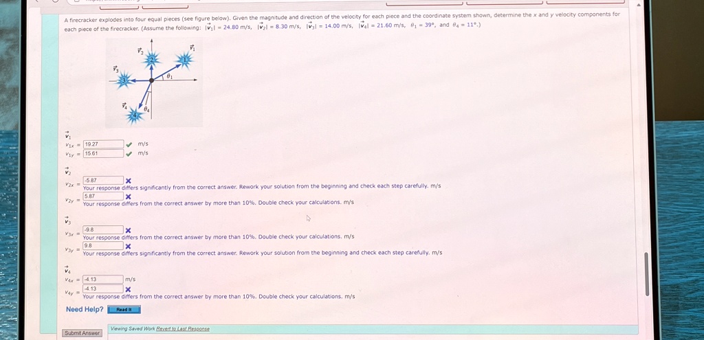 a firecracker explodes into four equal pieces see figure below given the magnitude and direction ...