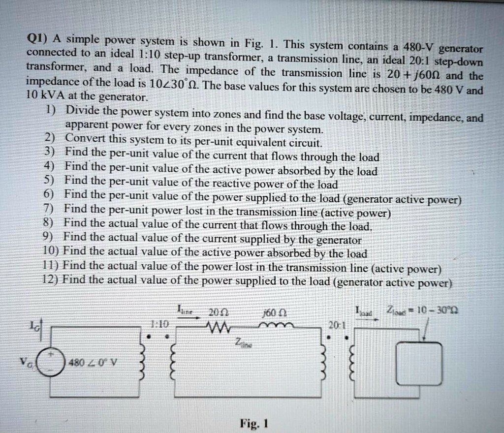 q1 a simple power system is shown in fig 1 this system contains 480 v connected t0 an ideal 11o ...