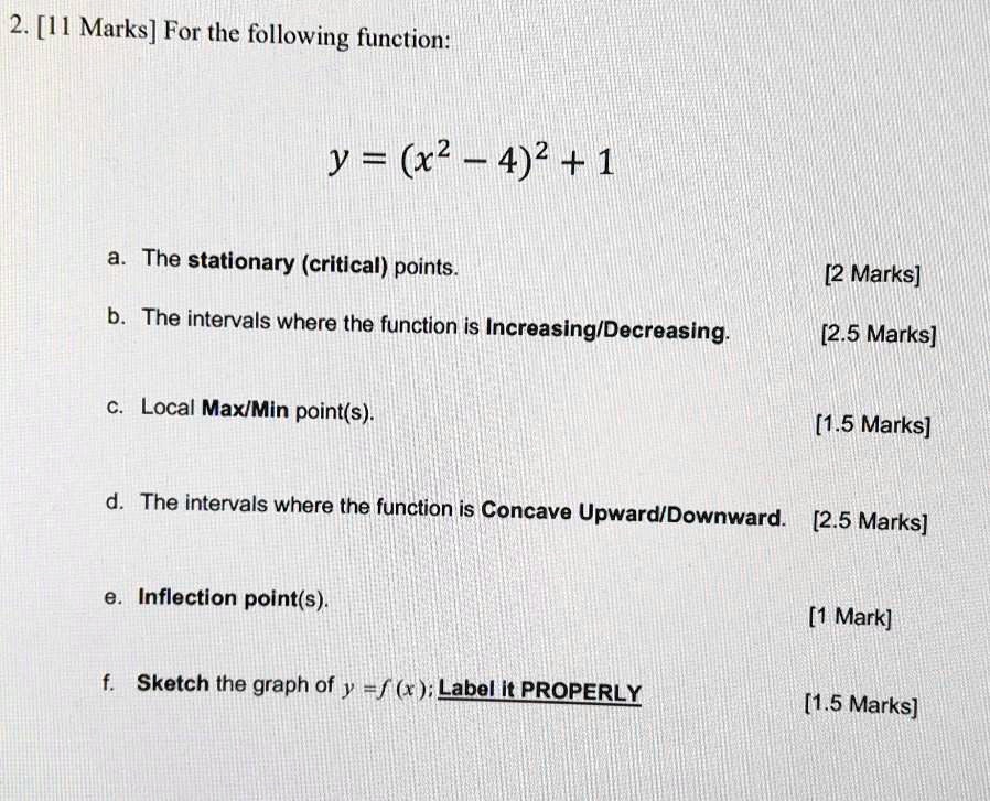 SOLVED:2. [I Marks] For the following function: y = (x2 ~4)2 + 1 The ...