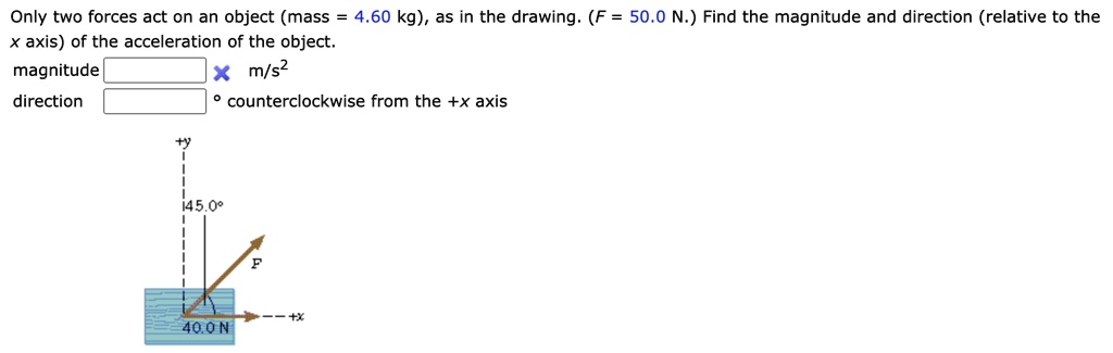 SOLVED:Only two forces act on an object (mass 4.60 kg), as in the drawing: (F = 50.0 N.) Find ...
