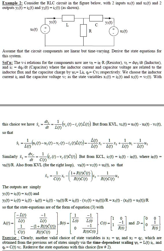 SOLVED: Rederive the state equations for the RLC circuit of example 2 ...