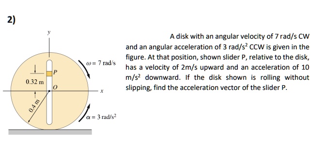 SOLVED: A disk with an angular velocity of 7 rad/s clockwise and an angular acceleration of 3 ...