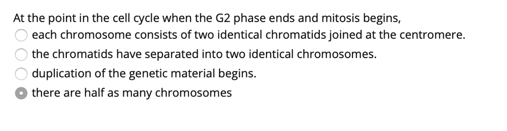 SOLVED: At the point in the cell cycle when the G2 phase ends and ...