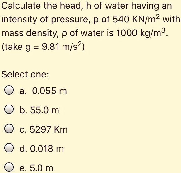 Calculate the head h of water having an intensity of...