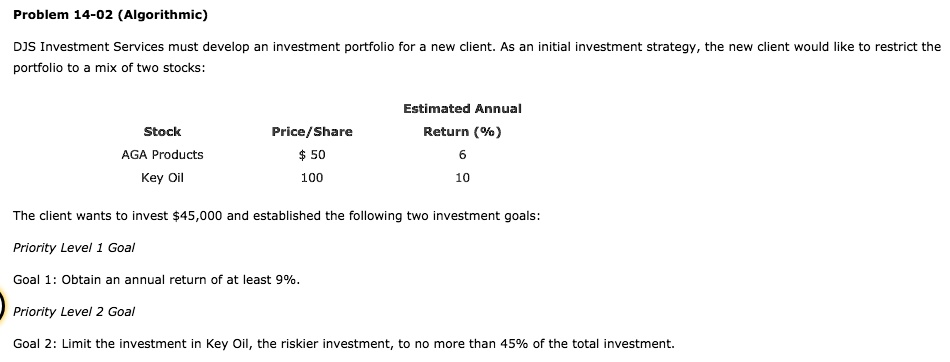 problem 14 02 algorithmic djs investment services must develop an investmen portfolio for new ...