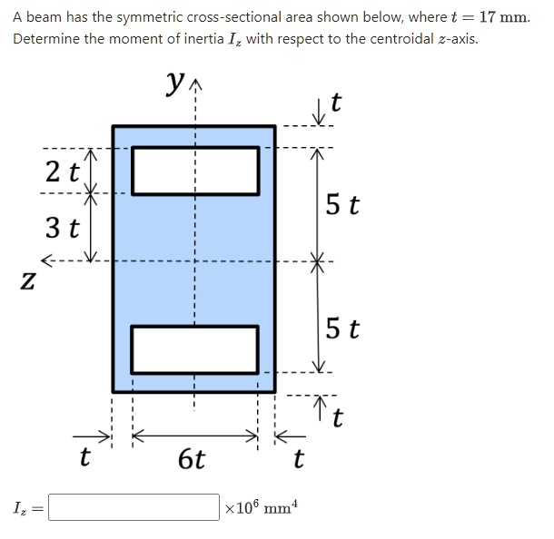 A beam has the symmetric cross-sectional area shown below, where t = 17 mm. Determine the moment ...