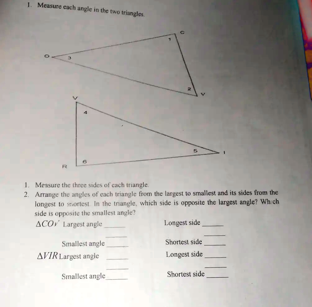SOLVED: Measure each angle in the two triangles. Measure the three ...