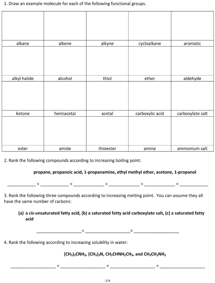 1. Draw an example molecule for each of the following functional groups ...
