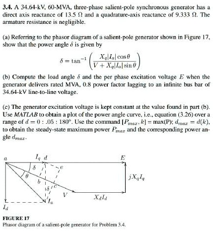3.4. A 34.64-kV, 60-MVA, three-phase salient-pole synchronous generator has a direct axis ...