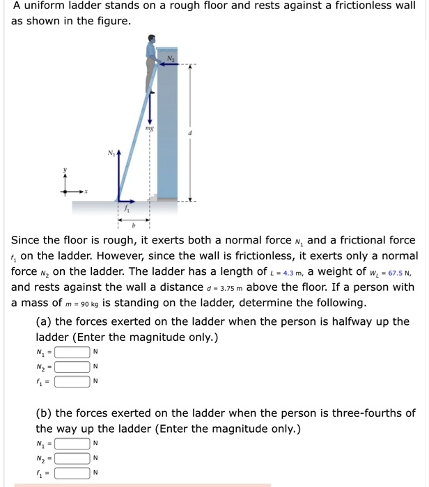 SOLVED: A uniform ladder stands on rough floor and rests against frictionless wall as shown in ...