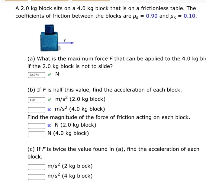 a 20 kg block sits on a 40 kg block that is on a frictionless table the coefficients of friction ...