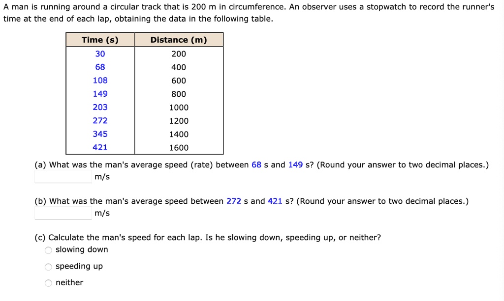 "man is running around a circular track that is 200 m in circumference ...