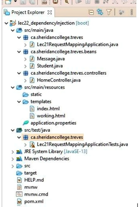 Project Explorer lec22dependencyInjection [boot] src/main/java ca.sheridancollege.treves ...