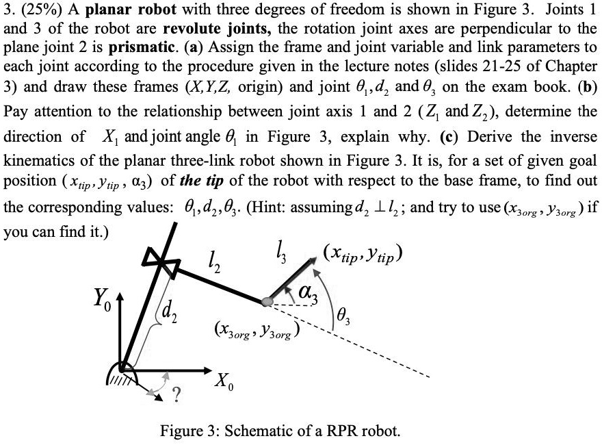 3. (25%) A planar robot with three degrees of freedom is shown in ...