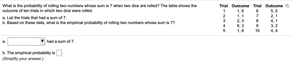 SOLVED:What is the probability of rolling two numbers whose sum is when ...