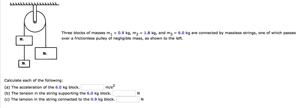 SOLVED: Three blocks of masses m1 0.9 kg m2 1.8 k9, and m3 6.0 kg are connected by massless ...