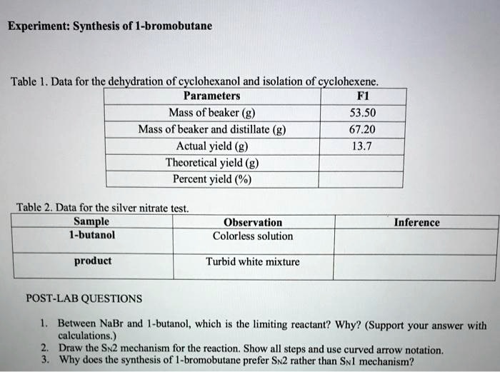SOLVED: Experiment: Synthesis of 1-bromobutane Table Data for the dehydration of cyclohexanol ...