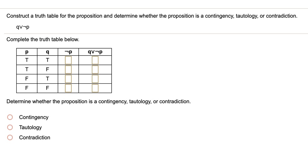 SOLVED: Construct a truth table for the proposition and determine ... SOLVED: Construct a truth table for the proposition and determine ...