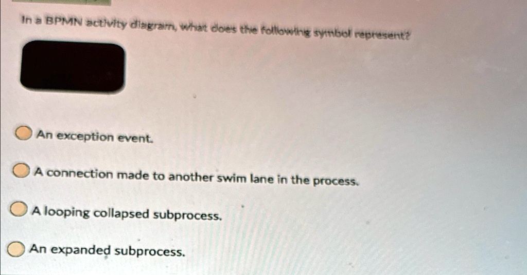 In a BPMN activity diagram, what does the following symbol represent? An exception event. A ...