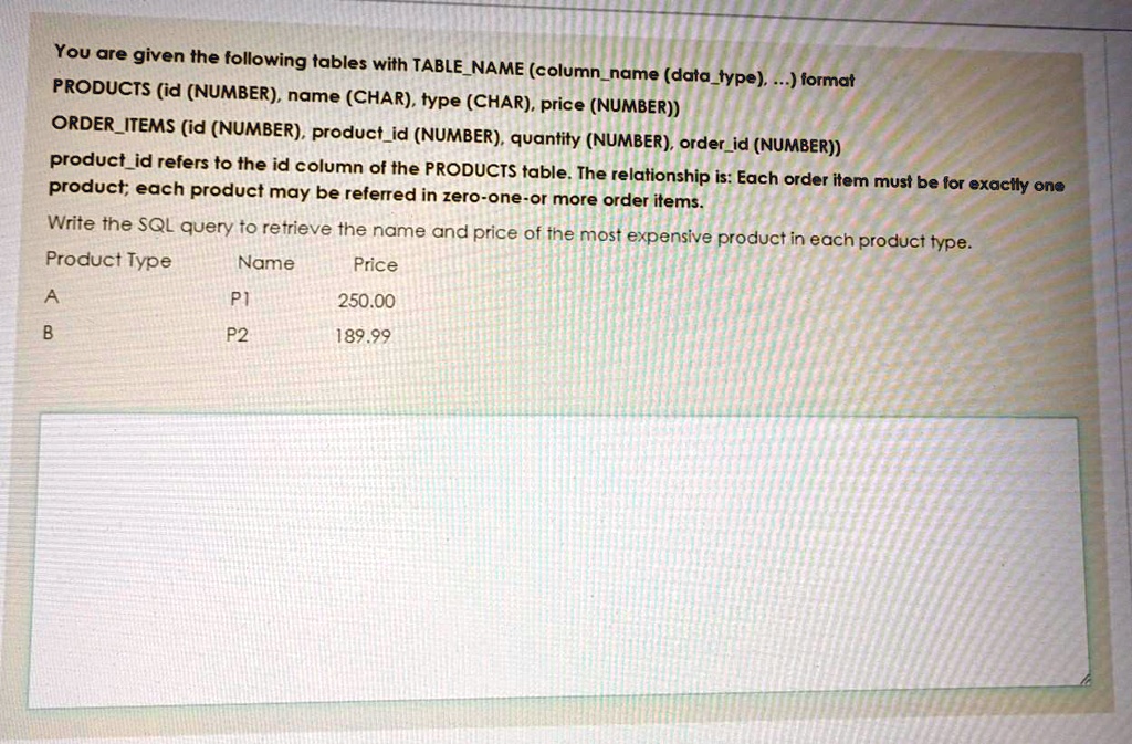 SOLVED: You are given the following tables with the format: PRODUCTS ...