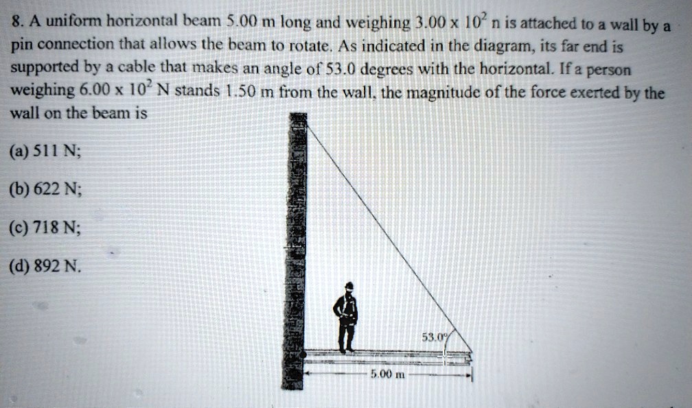 8 a uniform horizontal beam 500 m long and weighing 300 x 10 n is ...
