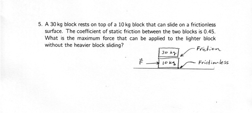 SOLVED: A 30kg block rests on top of a 10kg block that can slide on a frictionless surface. The ...
