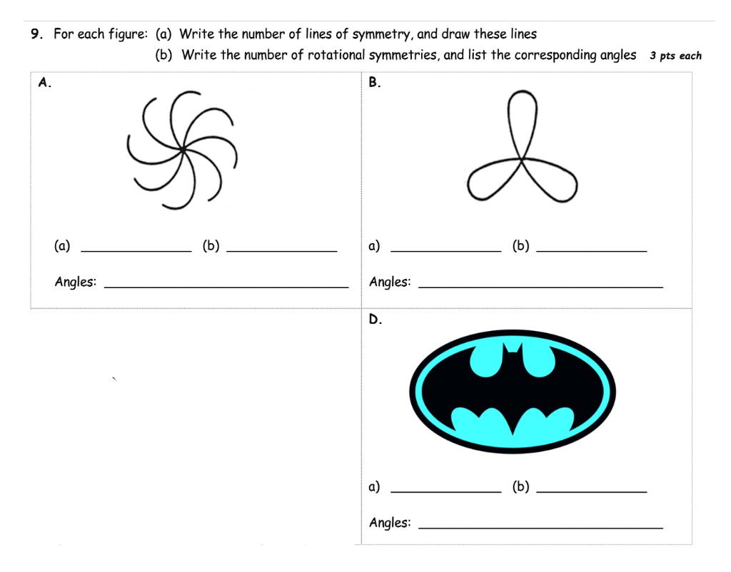 SOLVED: For each figure: a. Write and draw the lines of symmetry. b ...