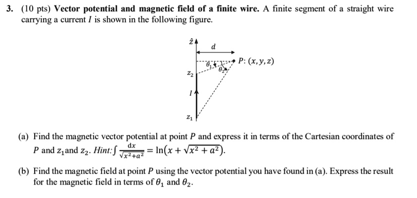 3. (10 pts) Vector potential and magnetic field of a finite wire. A finite segment of a straight ...