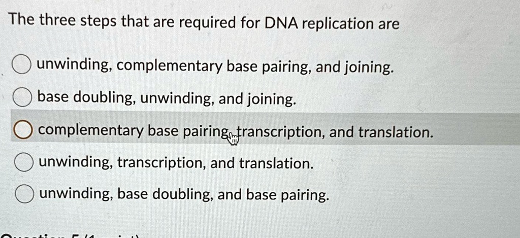 SOLVED: The three steps that are required for DNA replication are ...