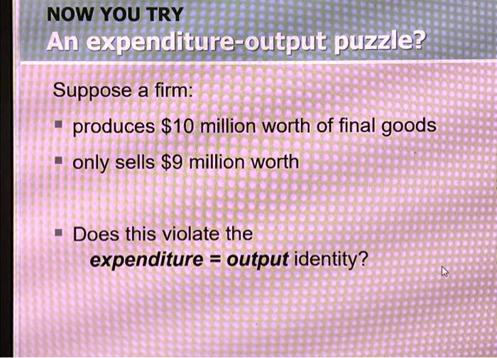 NOW YOU TRY An expenditure-output puzzle? Suppose a firm: ? produces 10 ...