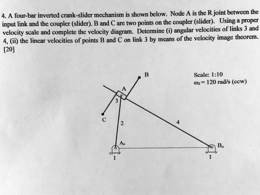 4. A four-bar inverted crank-slider mechanism is shown below. Node A is the R joint between the ...