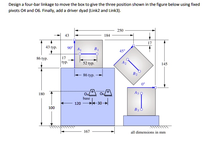 Design a four-bar linkage to move the box to give the three position ...