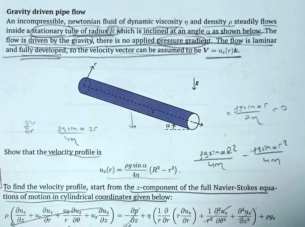 gravity driven pipe flow an incompressible newtonian fluid of dynamic viscosity eta and density ...