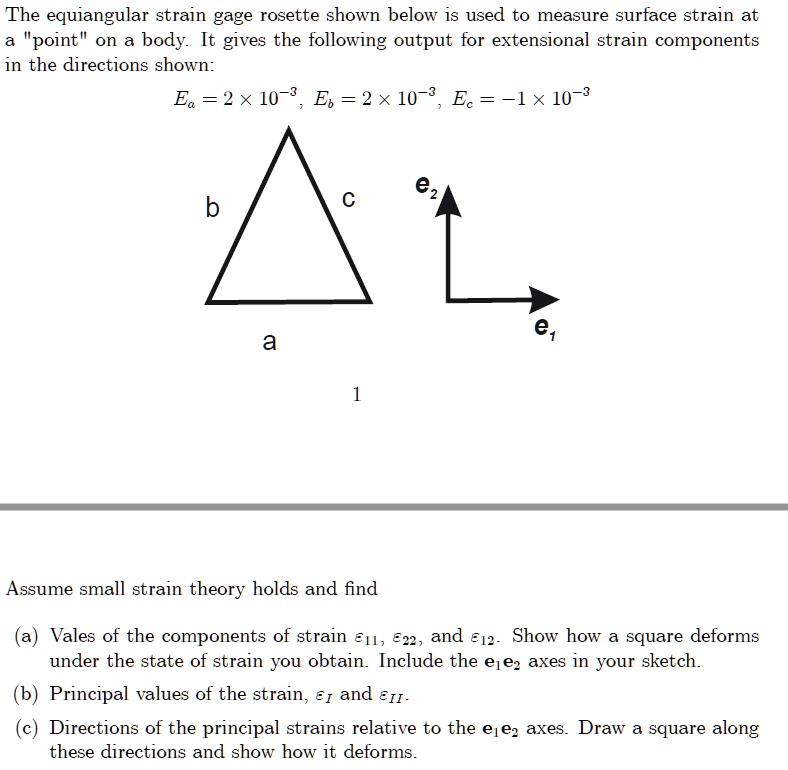 The equiangular strain gage rosette shown below is used to measure ...
