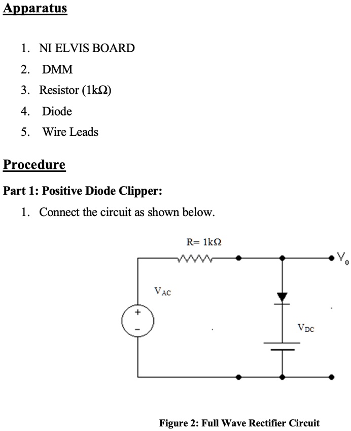 Apparatus 1. NI ELVIS BOARD 2. DMM 3. Resistor (1k?) 4. Diode 5. Wire ...
