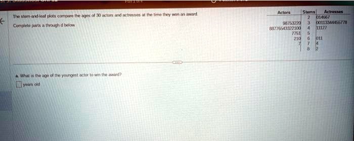 The stem-and-leaf plots compare the ages of 30 actors and actresses at ...
