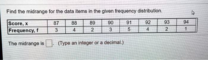 SOLVED: Find the midrange for the data items in the given frequency distribution. Score, X ...