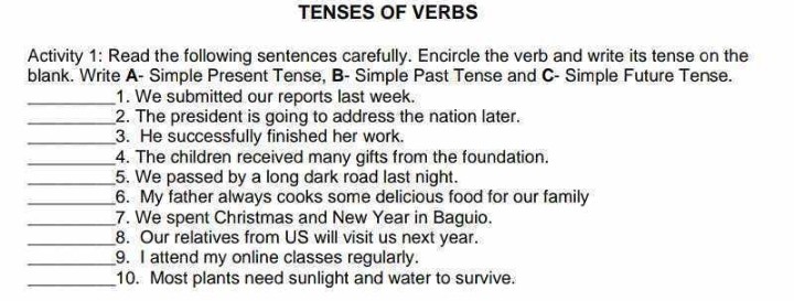 tenses of verbs activity 1 read the following sentences carefully ...