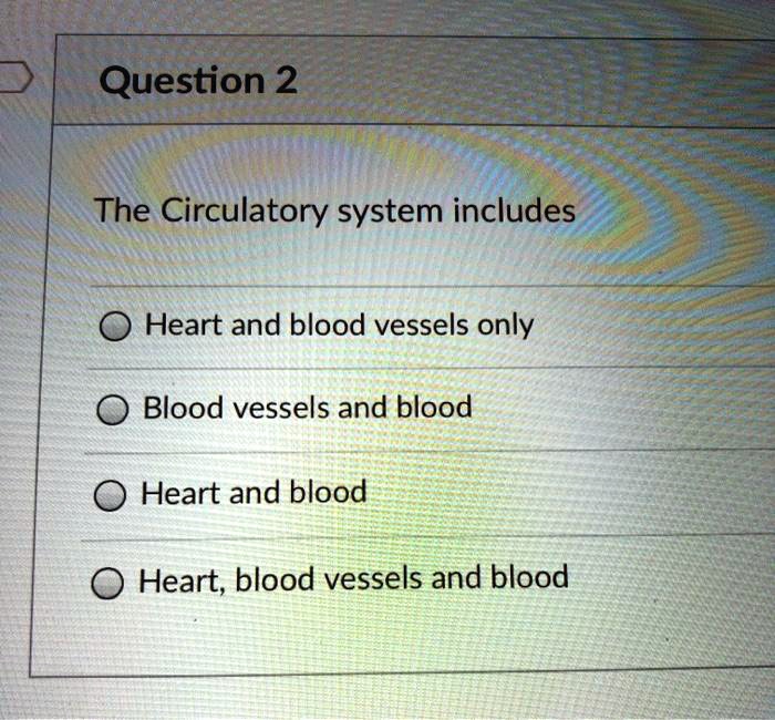 SOLVED: Question 2 The Circulatory system includes Heart and blood ...