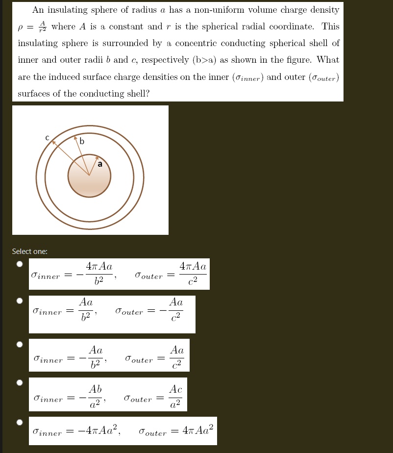 SOLVED: An insulating sphere of radius a has a non-uniform volume charge density Ï = 4Ï€Aa^2 ...