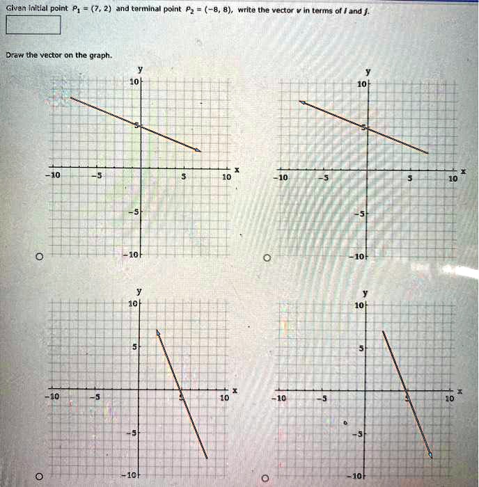 SOLVED: Given initial point P = (7, 2) and terminal point P2 (-8, 8 ...