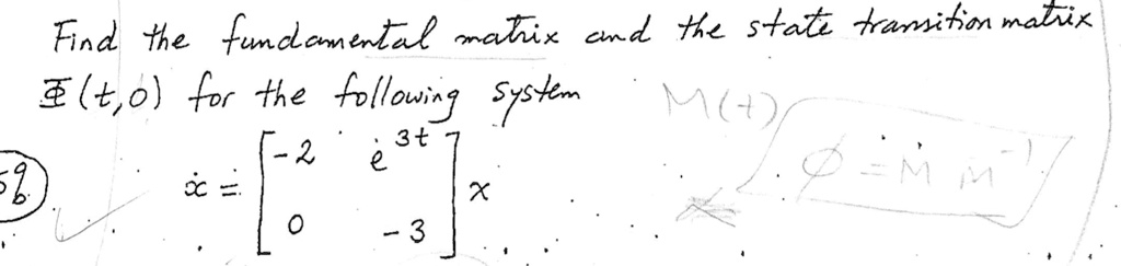 SOLVED: Find the fundamental matrix and the state transition matrix Phi (t,0) for the following ...