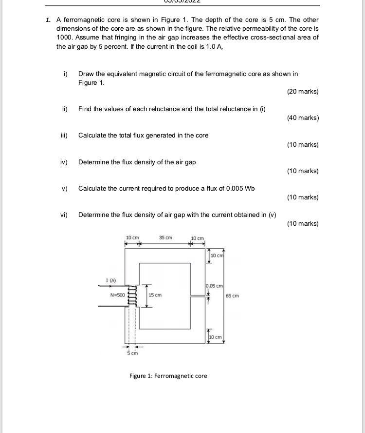 SOLVED: A ferromagnetic core is shown in Figure 1. The depth of the ...
