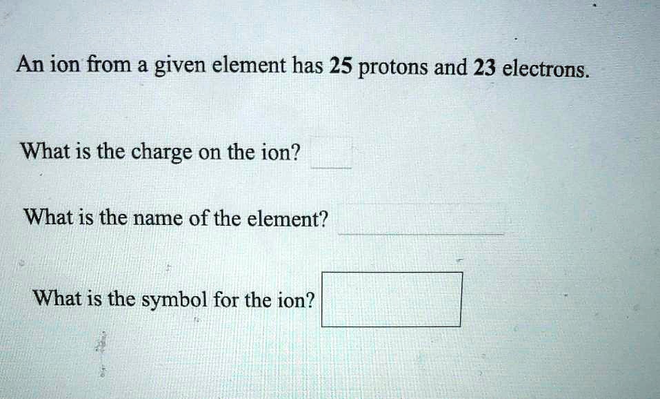 An ion from a given element has 25 protons and 23 electrons. What is the charge on the ion? What ...