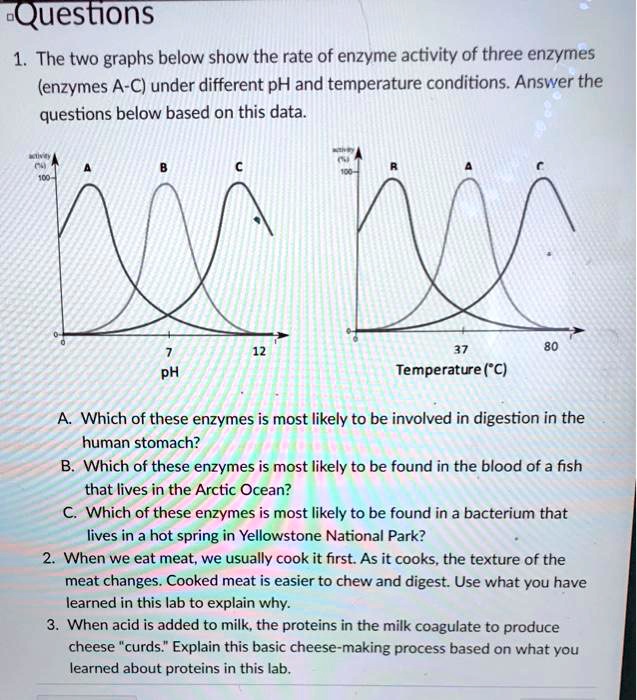 questions 1 the two graphs below show the rate of enzyme activity of three enzymes enzymes a c ...