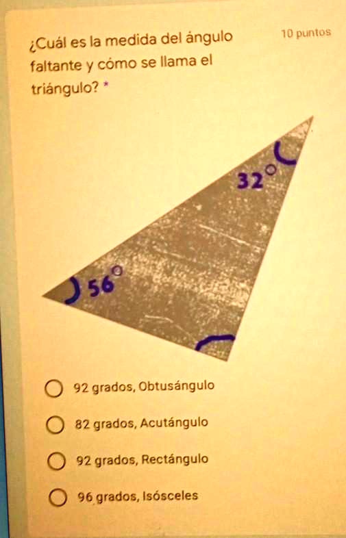 SOLVED: cual es la medida del ángulo faltante y como se llama el ...